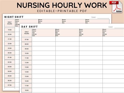 Editable Nurse Hourly To Do Planner Nursing Shift Planner Day Or Night Shift Nurse Brain