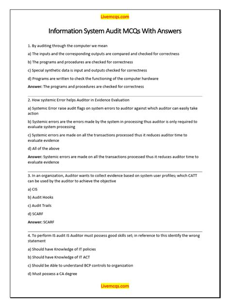 Information System Audit Mcqs Pdf Audit Internal Control