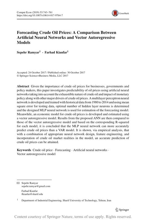 Forecasting Crude Oil Prices A Comparison Between Artificial Neural Networks And Vector