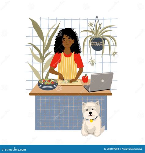 Smiling African American Girl Cooking Salad On Kitchen Table Using