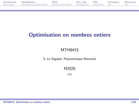PDF Optimisation En Nombres Entiers GERAD Introduction Mod Elisation B B Sac A Dos GAP