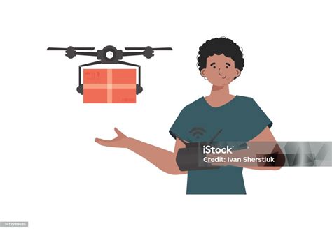 항공에 의한 화물 배달의 주제 한 남자가 패키지로 무인 항공기를 제어합니다 흰색 배경에 고립되어 있습니다 벡터 일러스트레이션 교통수단에 대한 스톡 벡터 아트 및 기타 이미지