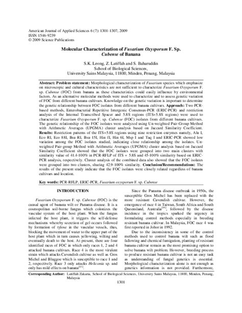 Pdf Molecular Characterization Of Fusarium Oxysporum F Sp Cubense