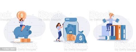 금융 교육 일러스트 세트 교육과 지식에 돈을 투자하는 학생 캐릭터 개인 재무 관리 및 금융 문맹 퇴치 개념 벡터 일러스트레이션