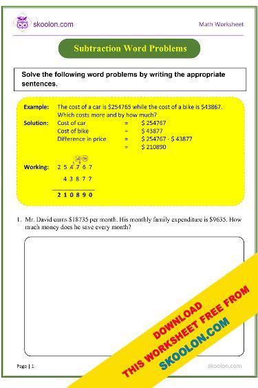 Subtraction Word Problems Worksheet Word Problems Subtraction Word Problems Subtraction