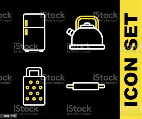 손잡이 롤링 핀 강판 및 냉장고 아이콘이있는 라인 주전자를 설정합니다 벡터 강철에 대한 스톡 벡터 아트 및 기타 이미지 강철 금속 금속의 Istock
