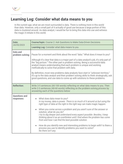 Learning Log Template Consider What Data Means To You Pdf Behavior Modification Cognition