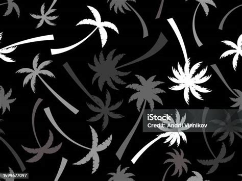 흑백 야자수 원활한 패턴입니다 여름철 검은 배경에 야자수가 있는 열대 패턴 티셔츠 배너 및 판촉물 인쇄를 위한 디자인 벡터 그림 0명에 대한 스톡 벡터 아트 및 기타 이미지