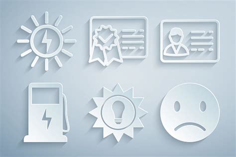 태양 에너지 패널 식별 배지 전기 자동차 충전소 슬픈 미소 인증서 템플릿 및 아이콘을 설정합니다 벡터 3차원 형태에 대한 스톡 벡터 아트 및 기타 이미지 Istock