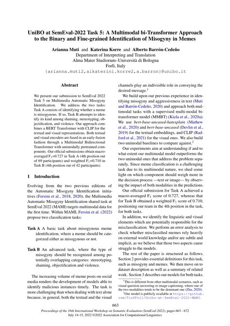 Pdf Unibo At Semeval 2022 Task 5 A Multimodal Bi Transformer