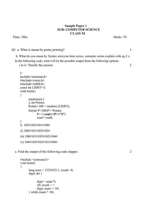 Class Xi Sample Paper Computer Science Pdf