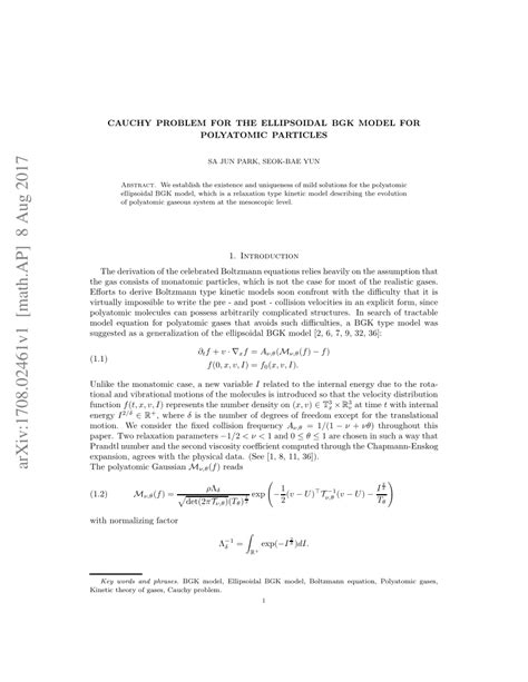 Pdf Cauchy Problem For The Ellipsoidal Bgk Model For Polyatomic Particles