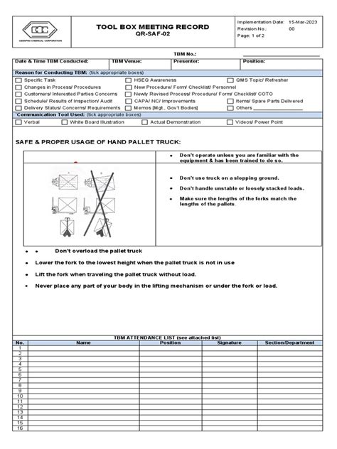 Toolbox Meeting Form Hand Pallet Truck Pdf