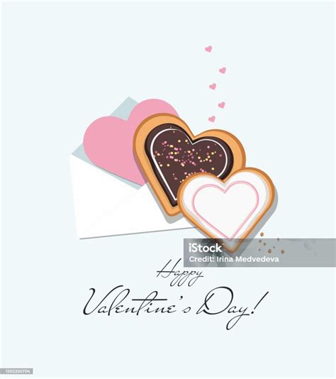 발렌타인 카드와 하트 모양의 쿠키봉투 맨 위 보기 발렌타인 데이 2월에 대한 스톡 벡터 아트 및 기타 이미지 2월 Day 14 공휴일 Istock