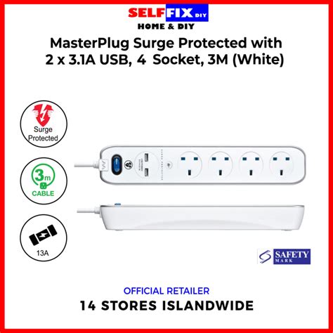 Masterplug 4 Socket W 2 X Usb 3 1a Port W Surge Protect Extension Cable 3m Cable White