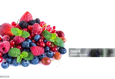 과일 그리고 흰색 바탕에 딸기입니다 익은 블루베리 라스베리 붉은 건포도 구 즈 베리 블랙베리와 딸기 달 콤 하 고 달콤한 과일 텍스트 복사 공간 다양 한 신선한 여름입니다