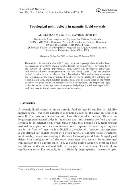Pdf Topological Point Defects In Nematic Liquid Crystals