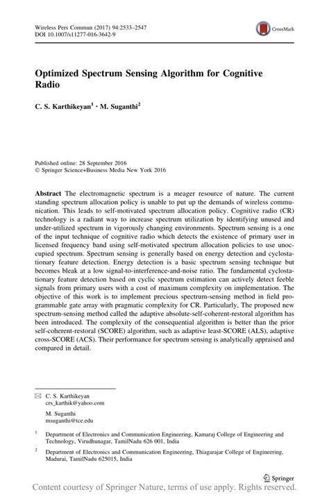 Optimized Spectrum Sensing Algorithm For Cognitive Radio Request Pdf
