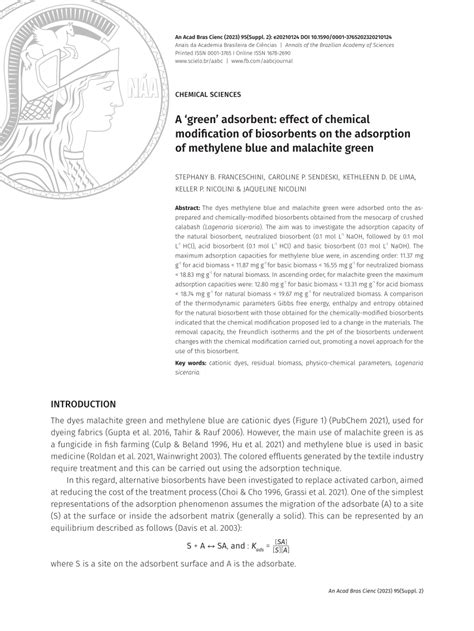Pdf A ‘green Adsorbent Effect Of Chemical Modification Of Biosorbents On The Adsorption Of