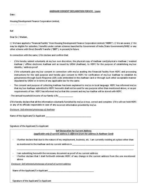 Aadhaar Consent With Self Declaration For Current Address Pdf