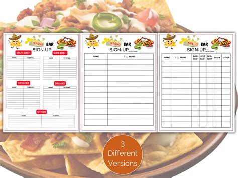 Nacho Bar Sign Up Sheet Printable Nacho Bar Potluck Sign Up Form Fiesta Potluck Food Sign Up