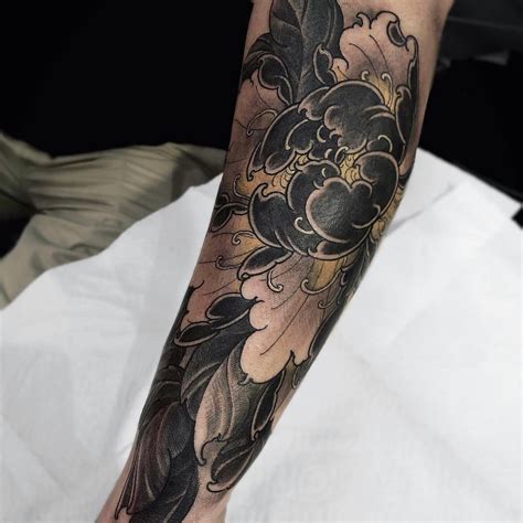 Japanese Peony Tattoo Black And Grey