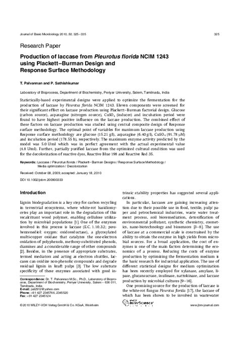 Pdf Production Of Laccase From Pleurotus Florida Ncim 1243 Using Plackett Burman Design And