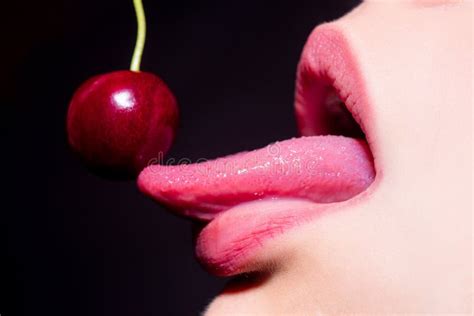 Cherry In Woman Mouth Summer Fruits Cherries On Woman Lips Tongue