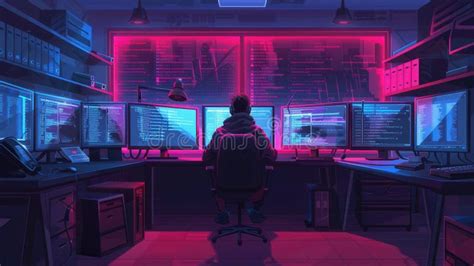 A Hacker Engaged In Coding Illuminated By Screens In A Dark Room