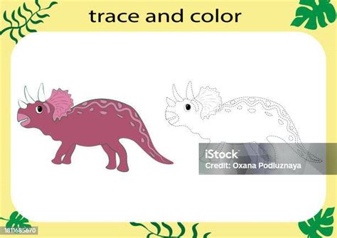 만화 공룡을 추적하고 색칠하세요 아이들을 위한 손글씨 연습 어린이를 위한 교육용 워크시트 인쇄 가능한 워크시트 벡터 일러스트