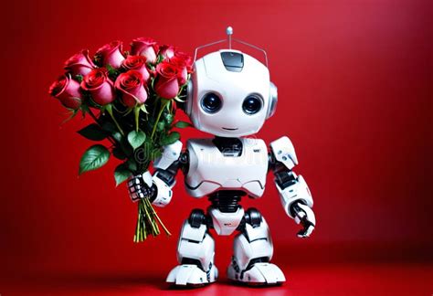 Mini Robot Pointing Olding Roses Bouquet At Copy Space On Red