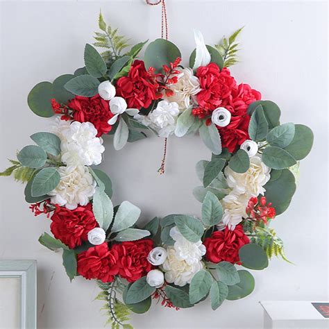 Rkzdsr Fresh Red And White Flowers Wreaths Door Hanging Holiday