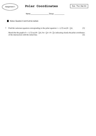 Assignment 1 Polar Equation Revision Exercise PDF