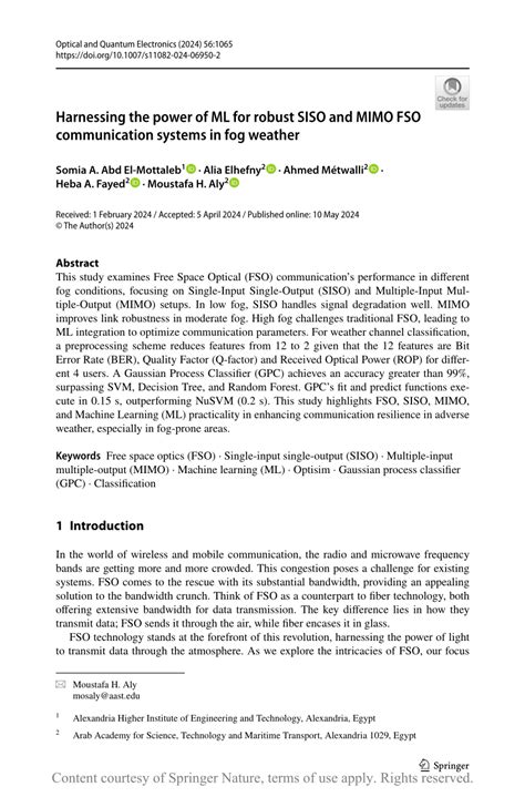 Pdf Harnessing The Power Of Ml For Robust Siso And Mimo Fso Communication Systems In Fog Weather
