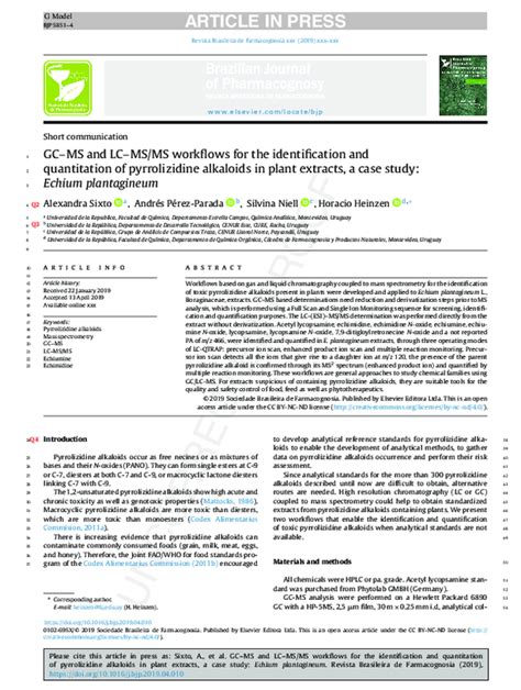 Pdf Gcms And Lcmsms Workflows For The Identification And Quantitation Of Pyrrolizidine
