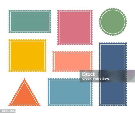 컬러풀한 빈 우표를 설정합니다 톱니 테두리 우편 스티커 템플릿을 우편으로 발송합니다 벡터 그래픽 디자인 가장자리에 대한 스톡 벡터 아트 및 기타 이미지 Istock