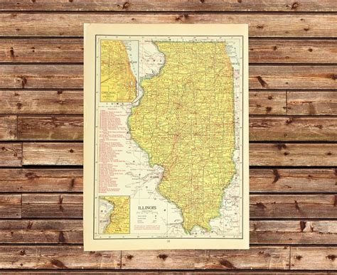 Illinois Railroad Map Of Illinois Wall Art Vintage 1940s Old Original