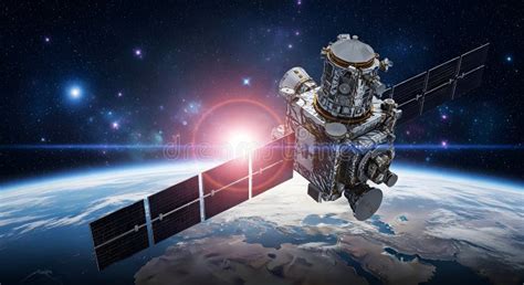 Satellite Orbiting Earth Spacecraft In Orbit Advanced Space Station Orbiting Earth At Sunrise