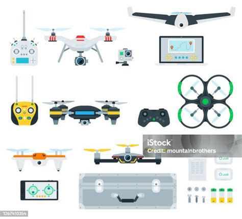 평평한 디자인의 제어판 벡터 일러스트레이션이 있는 다양한 드론 세트 Multicopter에 대한 스톡 벡터 아트 및 기타 이미지 Multicopter 고객 교통수단