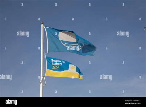 Blue Flag Award 2021 Flying On Widemouth Bay In North Devon Against