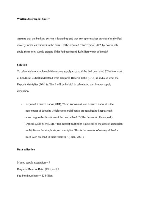 Written Assignment Unit 7 Econ 1580 Written Assignment Unit 7 Assume That The Banking System