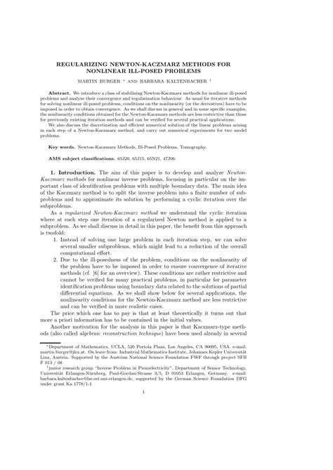 Pdf Regularizing Newton Kaczmarz Methods For Nonlinear Ill Posed