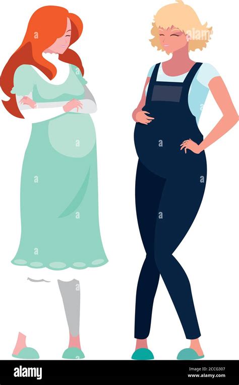 Red Hair And Blond Pregnant Women Cartoons Design Belly Pregnancy