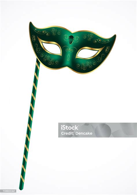 흰색 배경에 고립 된 손잡이와 금 장식 그린 카니발 연극 마스크 벡터 일러스트 레이 션 Mardi Gras에 대한 스톡 벡터 아트 및 기타 이미지 Mardi Gras