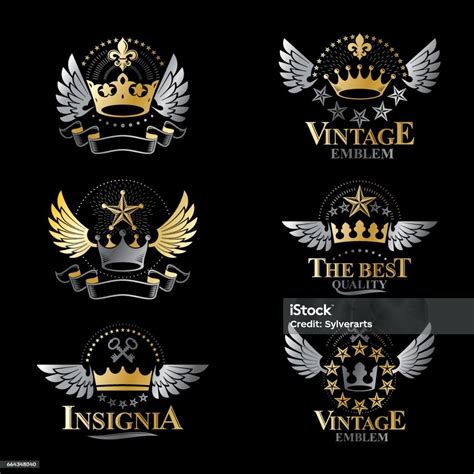 로얄 크라운 엠블럼 세트 헤럴드 벡터 디자인 요소 컬렉션입니다 복고풍 스타일 라벨 헤럴드 로고 공주에 대한 스톡 벡터 아트 및