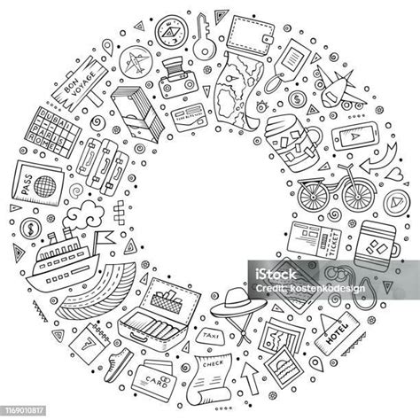 둥근 프레임 여행 만화 개체 기호 및 항목 낙서 드로잉에 대한 스톡 벡터 아트 및 기타 이미지 낙서 드로잉 여행 개념 3차원 형태 Istock