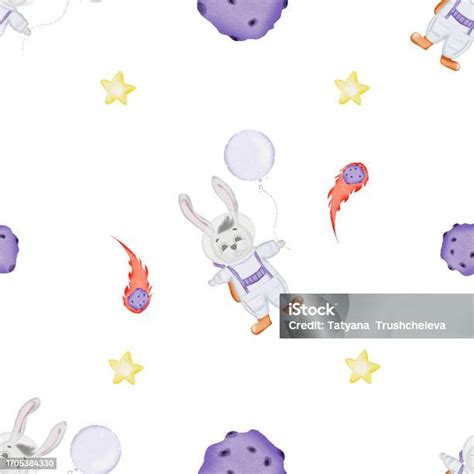 공간을 주제로 한 아이들을 위한 이음매 없는 패턴 토끼 우주 비행사 풍선 로켓 행성 혜성 운석 당근 별이 있는 귀여운 아이들의 패턴 섬유 스크랩북 포장지 비닐 벽지를위한
