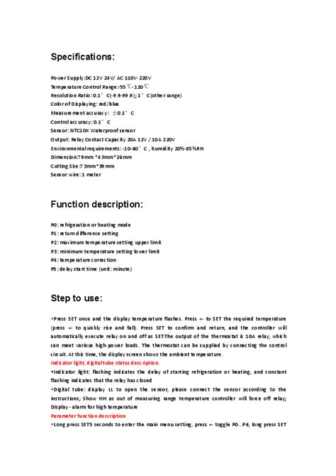 Digital Temperature Controller Module Specifications And Function Description