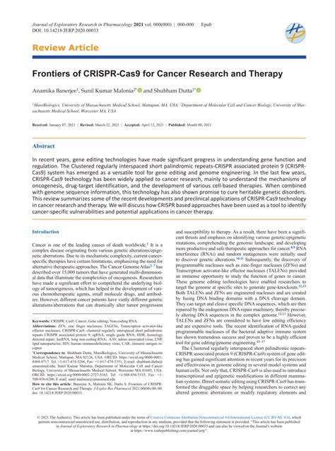 PDF Frontiers Of CRISPR Cas For Cancer Research And Therapy