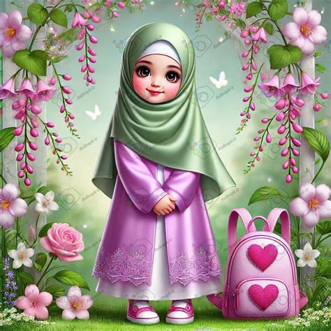 بک گراند کودکانه دختربچه ناز با حجاب با کوله صورتی ایستاده در باغ گل کد